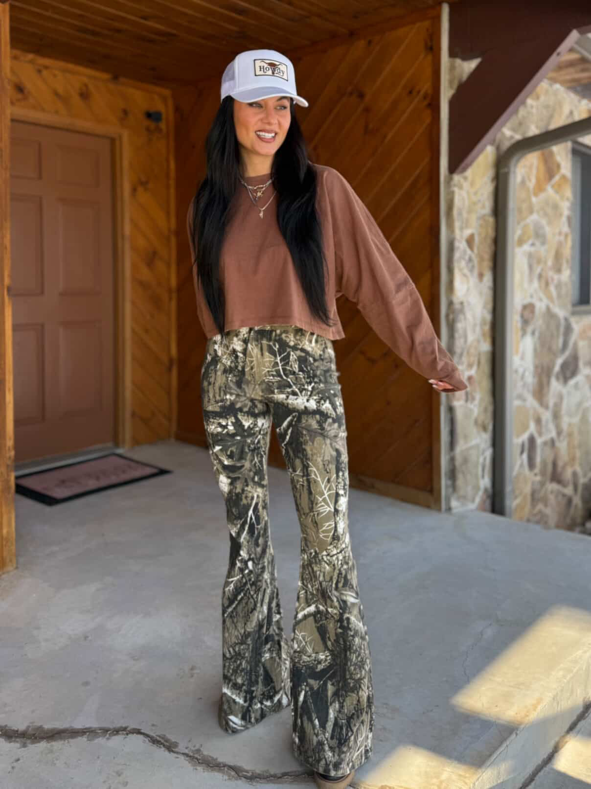 Fiona High Waisted Bell Bottom Flare Jeans - Moss Brown Camo – Willow ...